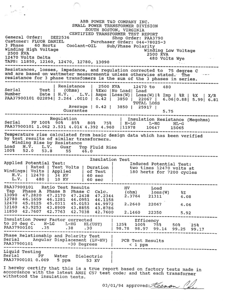 1994-03-01 ABB Certified Transformer Test Report | PDF