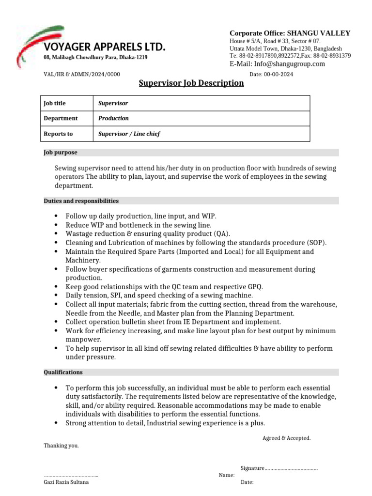 Job Description Asst. Supervisor (English) | PDF | Sewing
