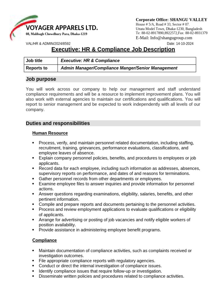 HR & Compliance Executive Job Description | PDF | Employment ...