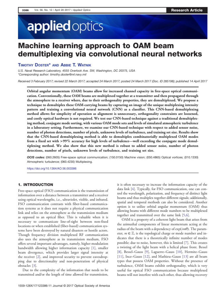 Machine Learning Approach To OAM Beam | PDF | Multiplexing | Holography