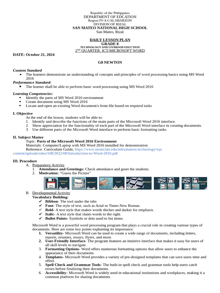 ICT - Identyfy The Parts of Microsoft Word 2016 | PDF | Microsoft Word ...