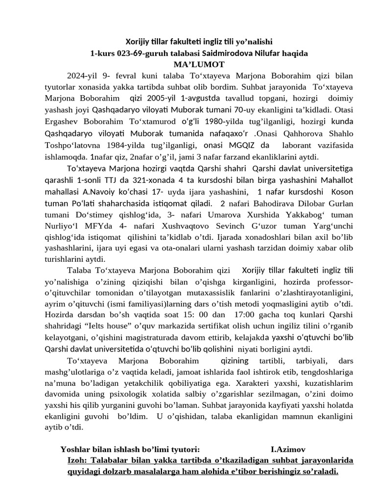 1 Kurs 023 69 Guruh Talabasi Saidmurodova Nilufar Haqida Ma'lumot | PDF
