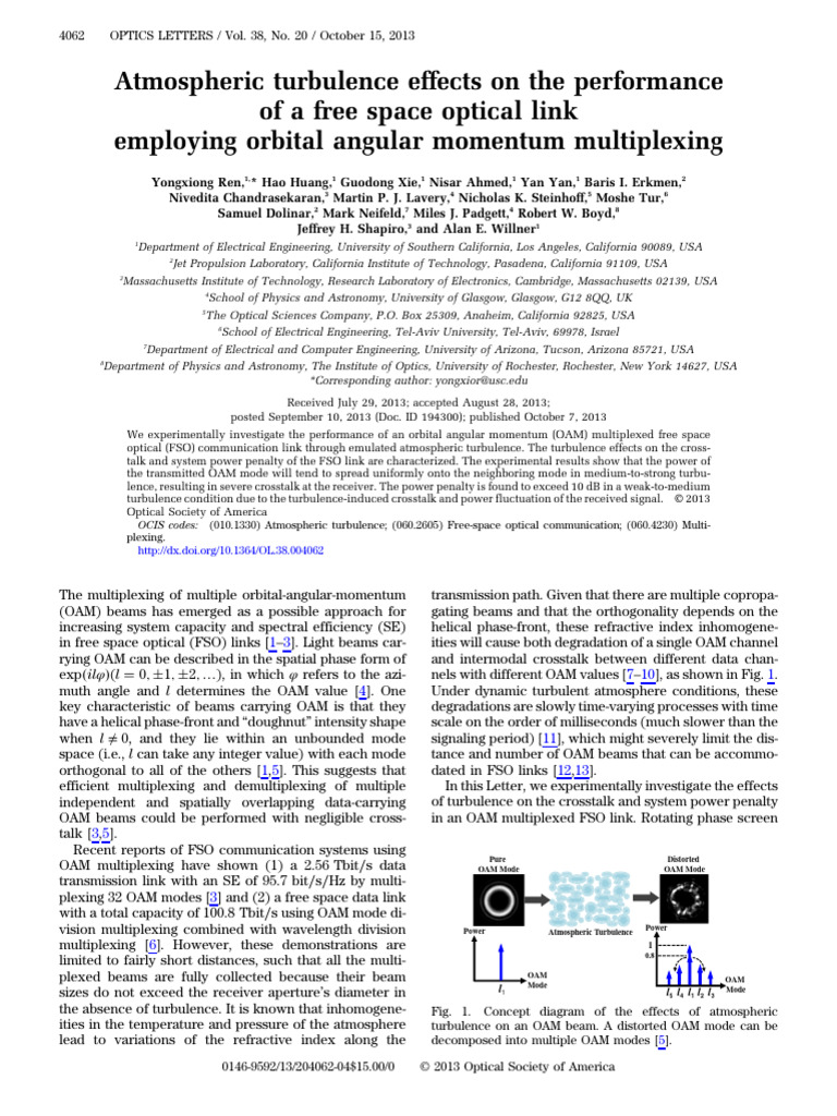 Turbulence Impact on OAM FSO Links | PDF | Fiber Optic Communication ...