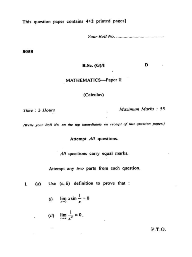 B.sc. (G) I (Mathematics - Paper-II (Calculus) 8058 | PDF