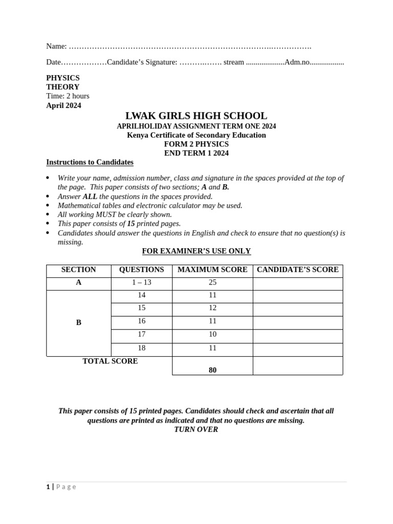 Form 2 - Physics - Question Paper (1) | PDF | Pressure | Mirror