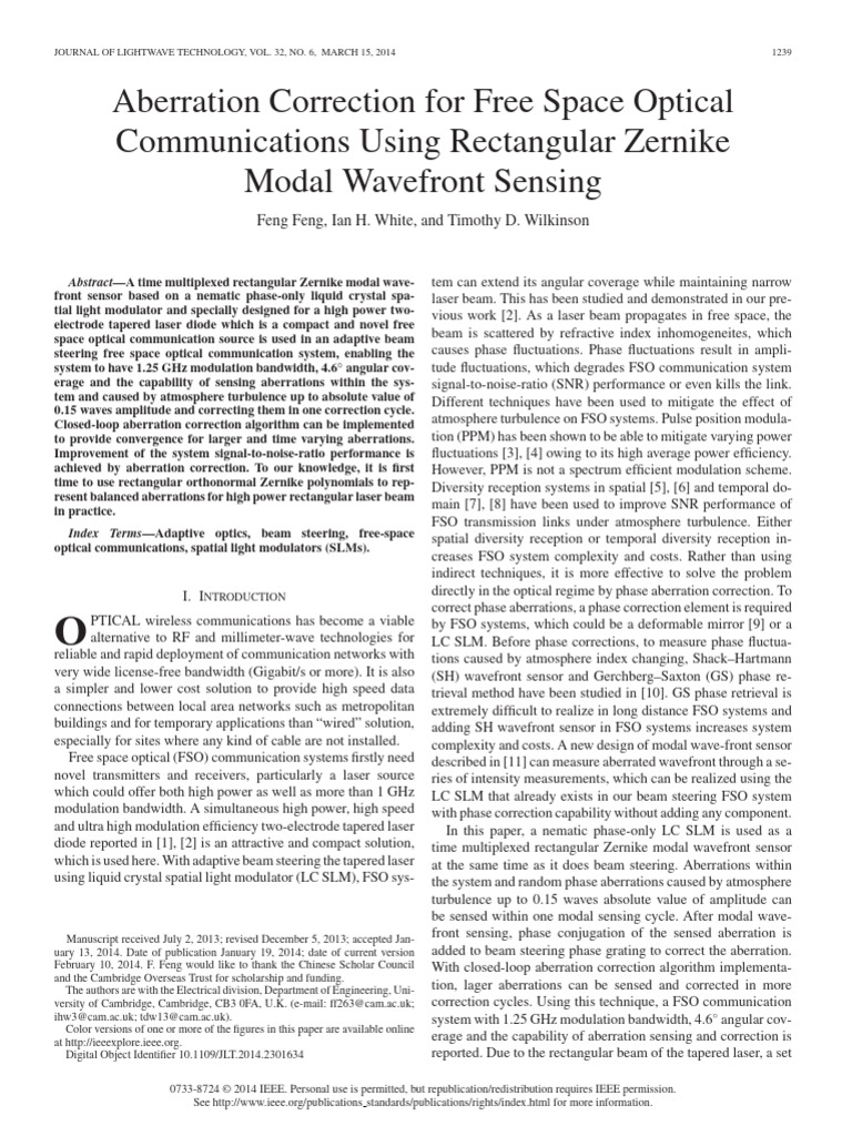 Aberration Correction For Free Space Optical Communications Using Rectangular Zernike Modal ...
