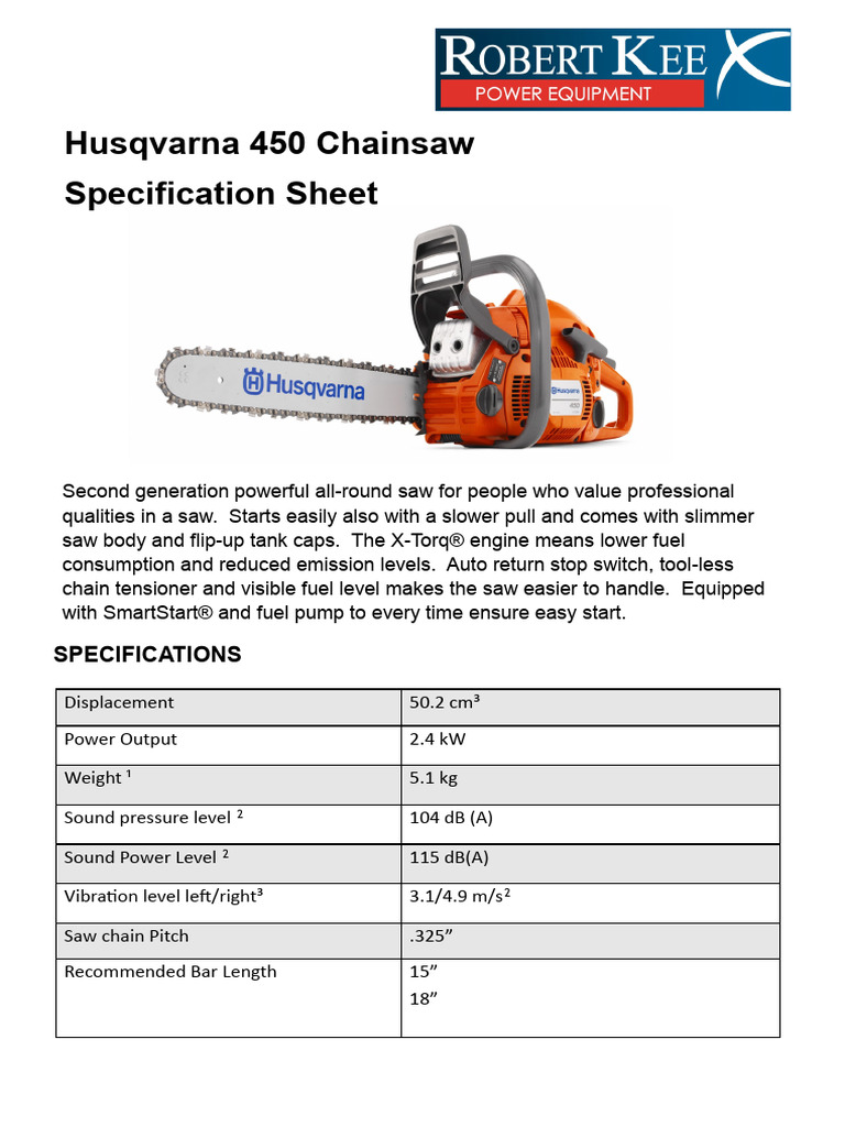 husqvarna-450-chainsaw-specification-sheet | PDF