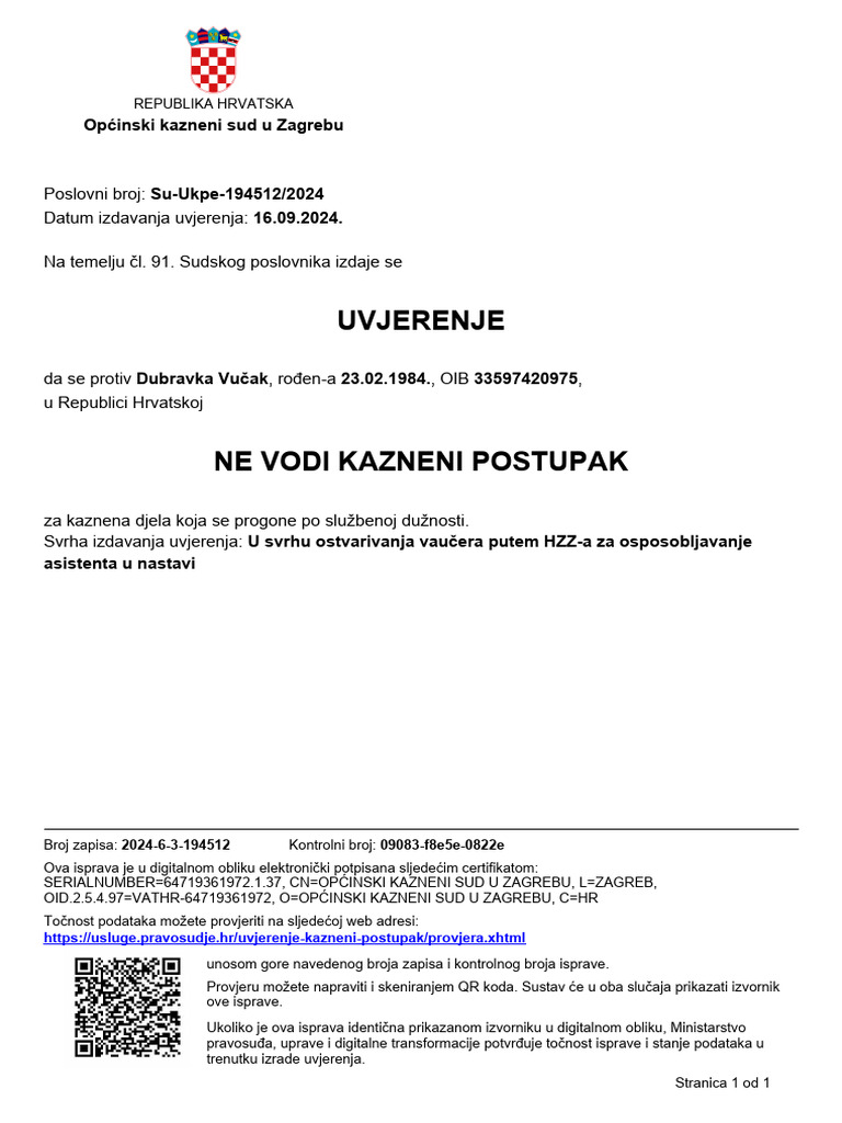 Potvrda o Nekažnjavanju | PDF
