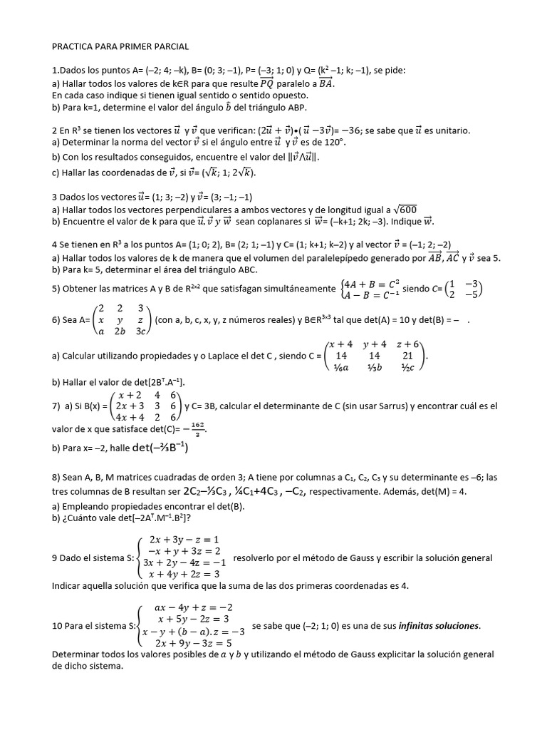 PRACTICA PARA PRIMER PARCIAL Con Respuestas | PDF | Determinante | Vector Euclidiano
