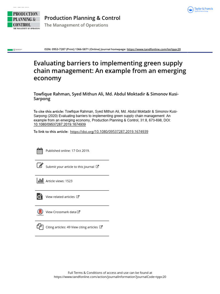 Evaluating barriers to implementing green supply chain management An example from an emerging ...