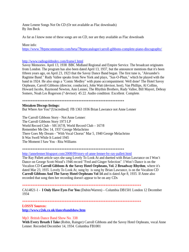 Anne Lenner-Songs Not On CD | PDF | Popular Music | Performing Arts