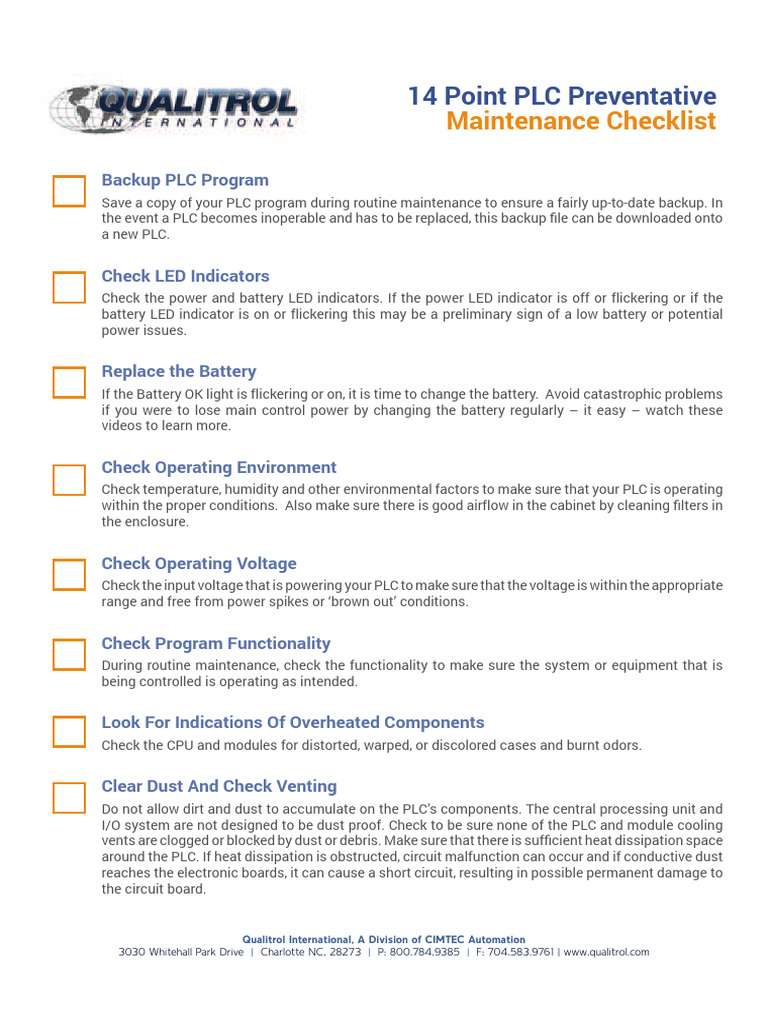 Qualitrol 14 Point PLC Preventative Maintenance Checklist | PDF ...