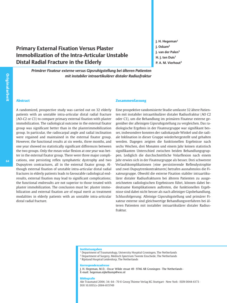 911 - Hageman - 2004 - Primary External Fixation Versus Plaster ...