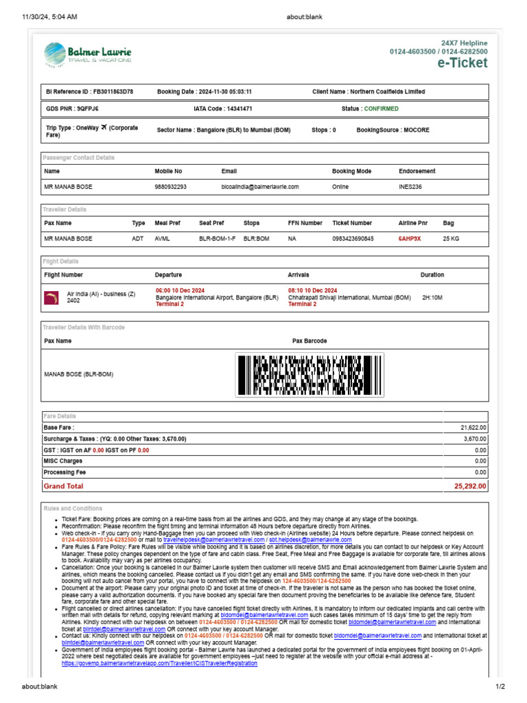 MR. MANAB BOSE- BLR TO BOM- 10.12.2024 | PDF