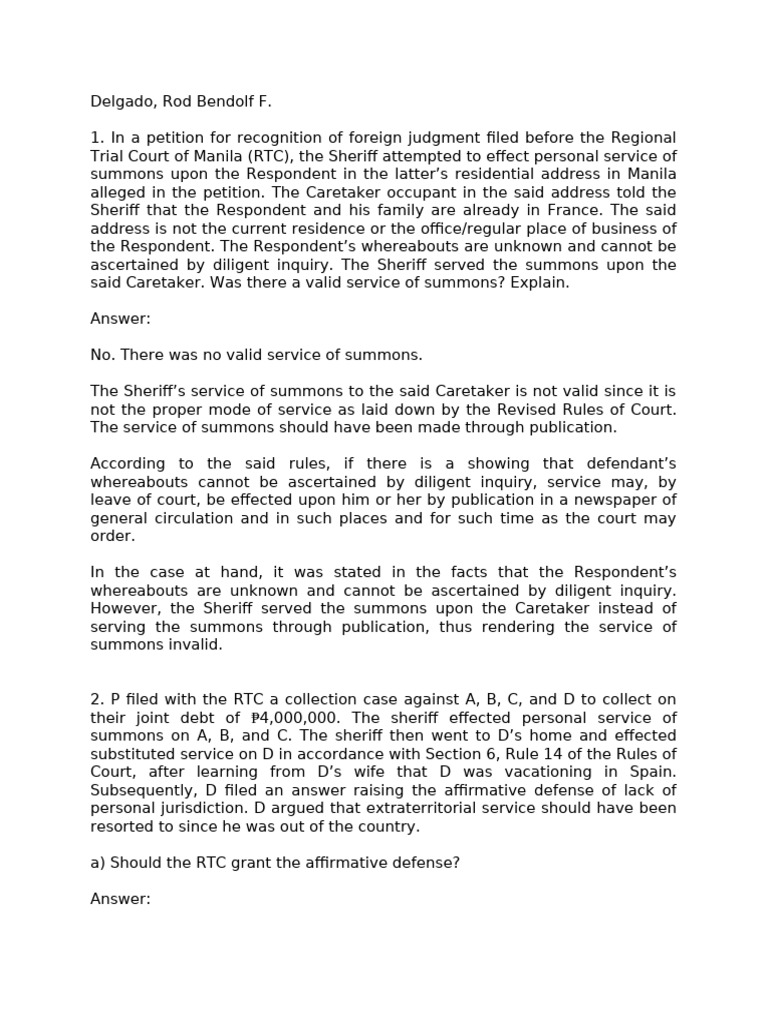 Delgado ROC Rules 13 To 29 Quiz | PDF | Demurrer | Lawsuit