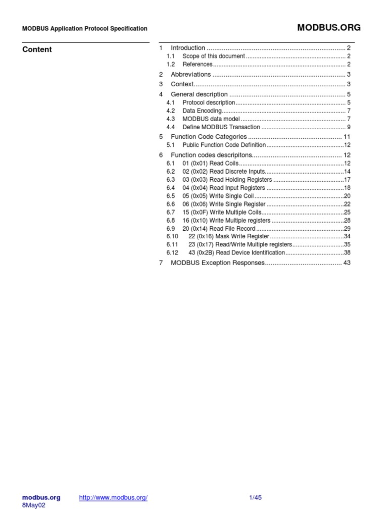 MODBUS Protocol Specification Guide | PDF | Communications Protocols | Internet Protocol Suite