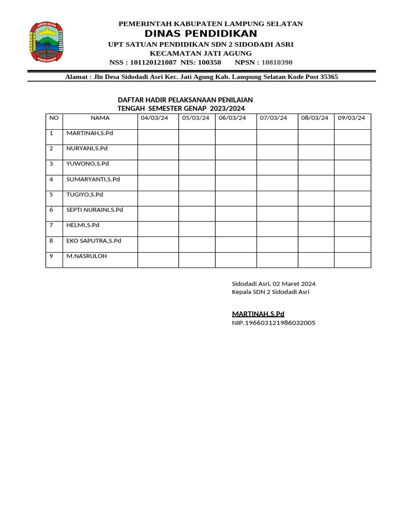 Daftar Hadir Uts 2024 | PDF