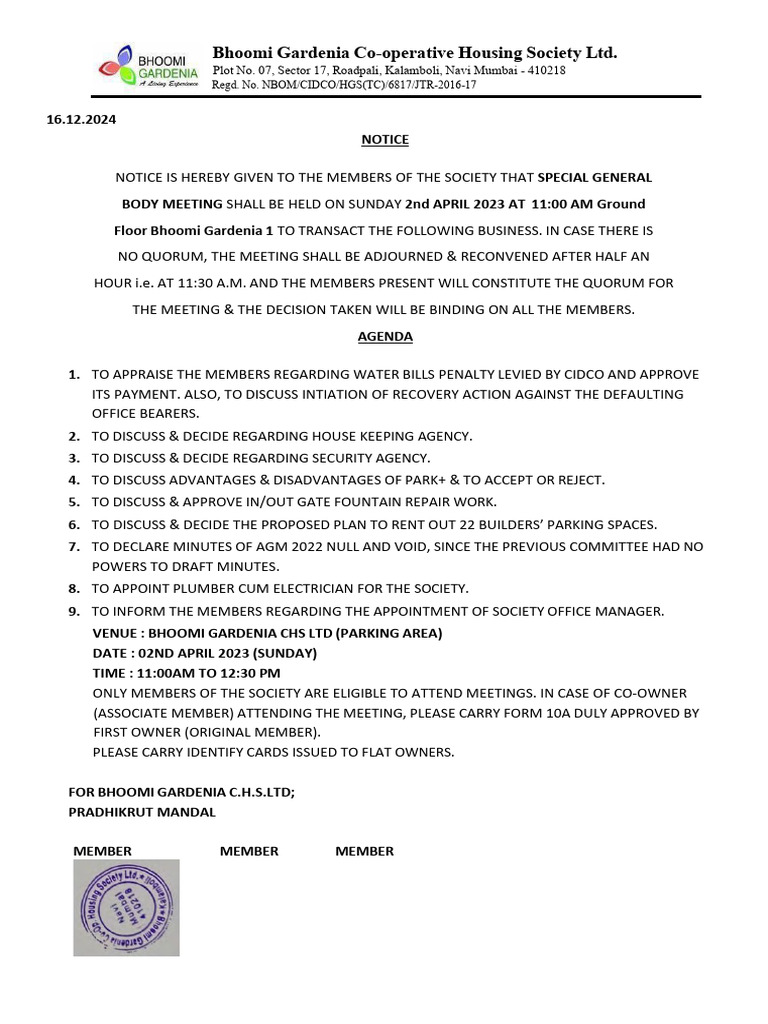 SGM Notice for Bhoomi Gardenia Society | PDF
