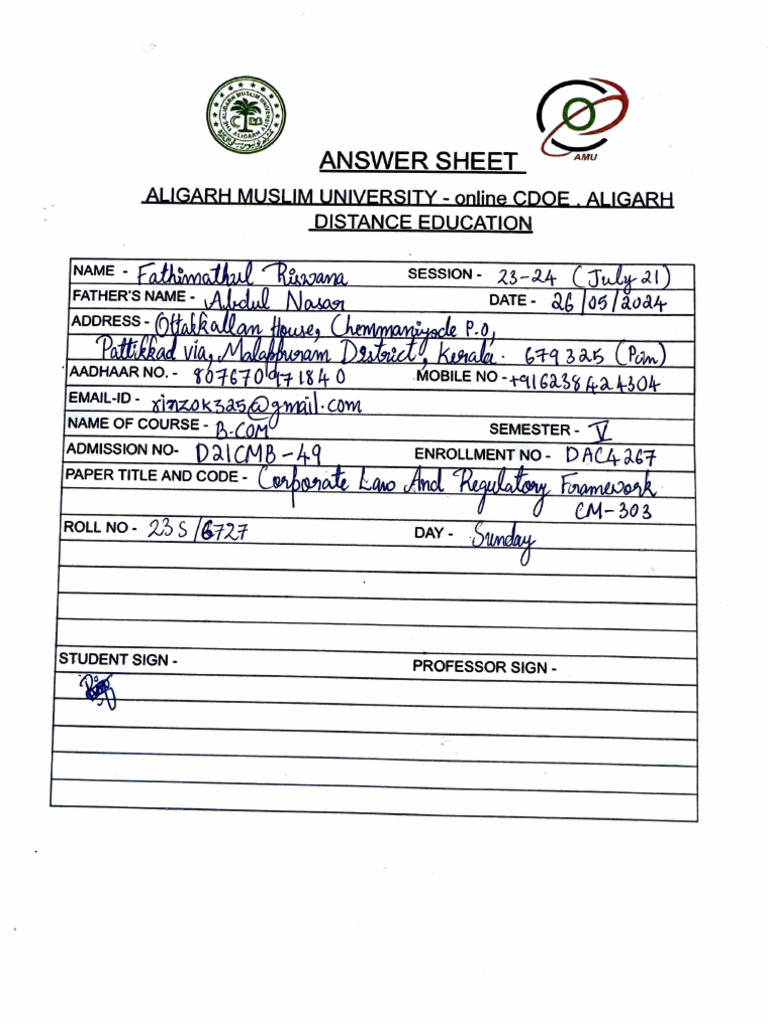 Corporate Law and Regulatory Framework 5th Semester Answersheet | PDF