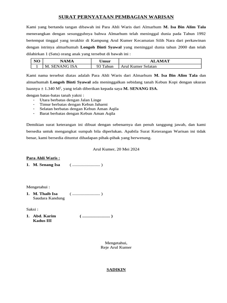 Surat Pembagian Warisan M. Isa 1992 | PDF