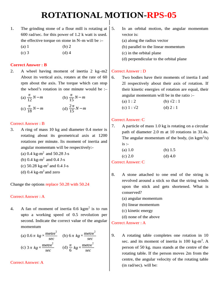 Rotational Motion RPS 05 (1) | PDF | Rotation Around A Fixed Axis | Torque