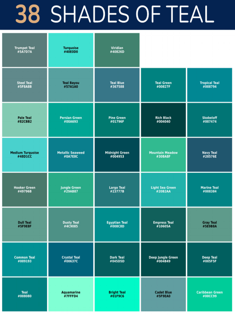 Shades of Teal With Color Names and Hex Codes | PDF