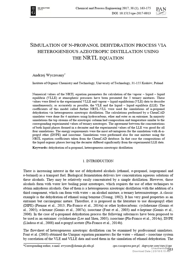 Chemical and Process Engineering Simulation of N-Propanol Dehydration ...