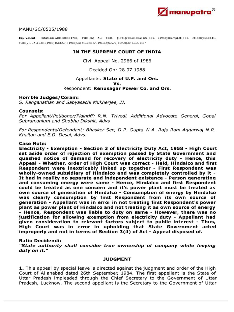 State of U.P. Ors v. Renusagar Power Co. Ors. (1988) 4 SCC 59 | PDF | Taxes | Appeal
