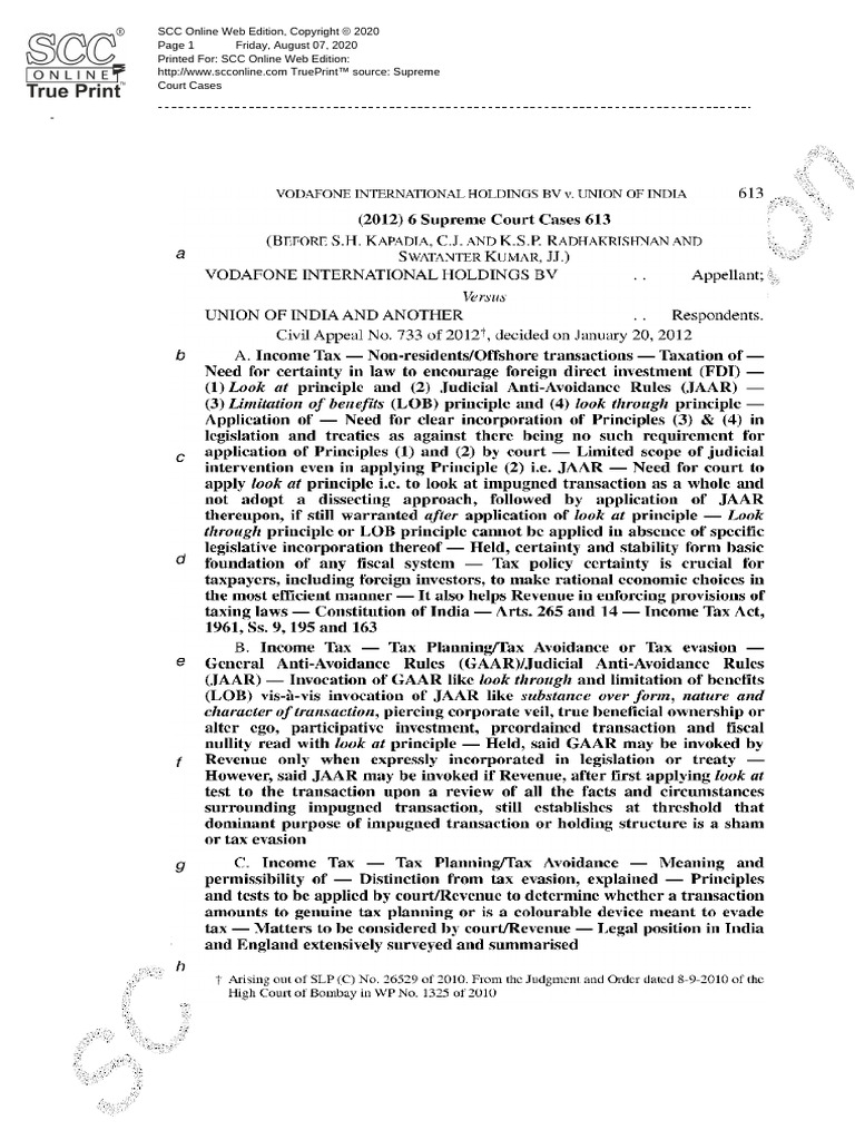 (SCC) Vodafone International Holdings BV v. Union of India (2012) 6 SCC ...