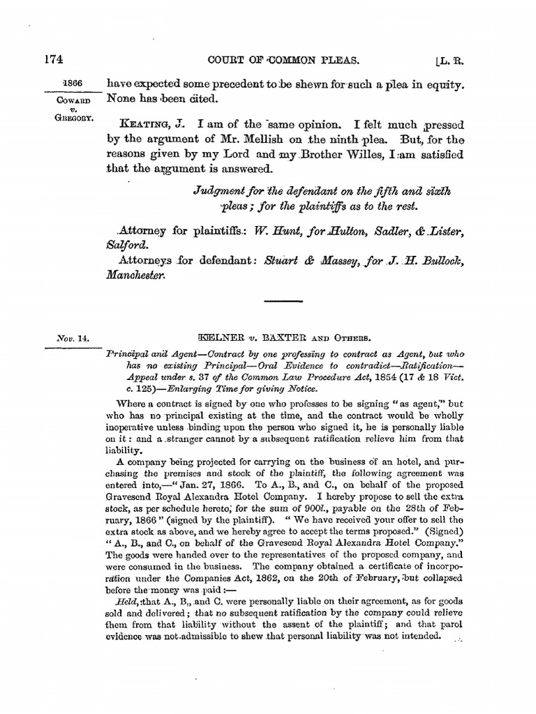 Kelner v. Baxter Case Summary (1866) | PDF | Legal Liability | Common Law