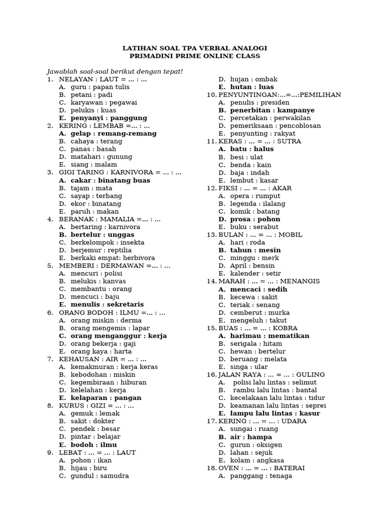 Latihan Soal Tpa Verbal Analogi | PDF