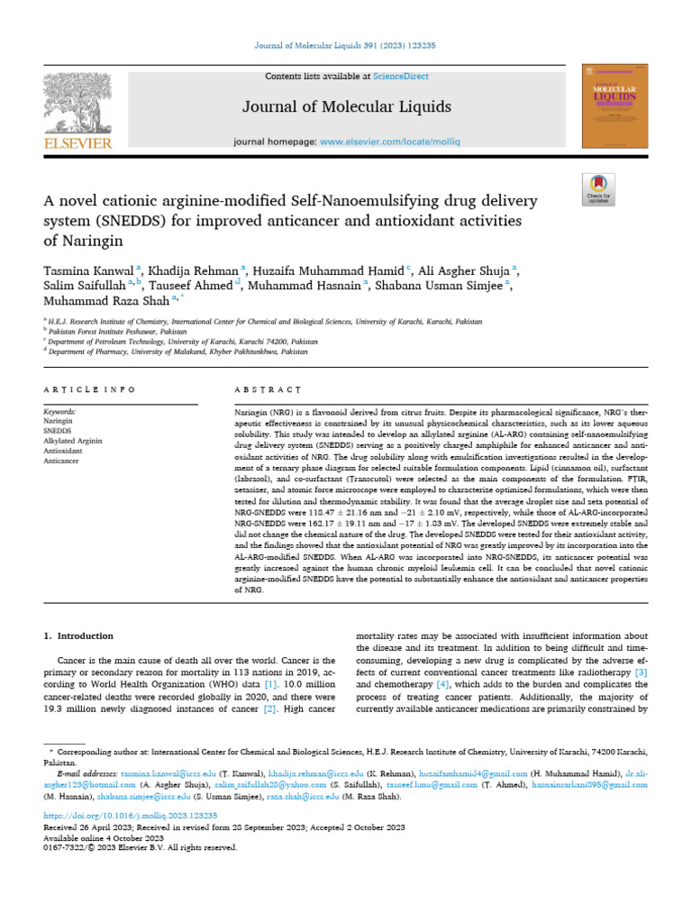 A Novel Cationic Arginine-modified Self-Nanoemulsifying Drug Delivery ... A Novel Cationic Arginine-modified Self-Nanoemulsifying Drug Delivery ...