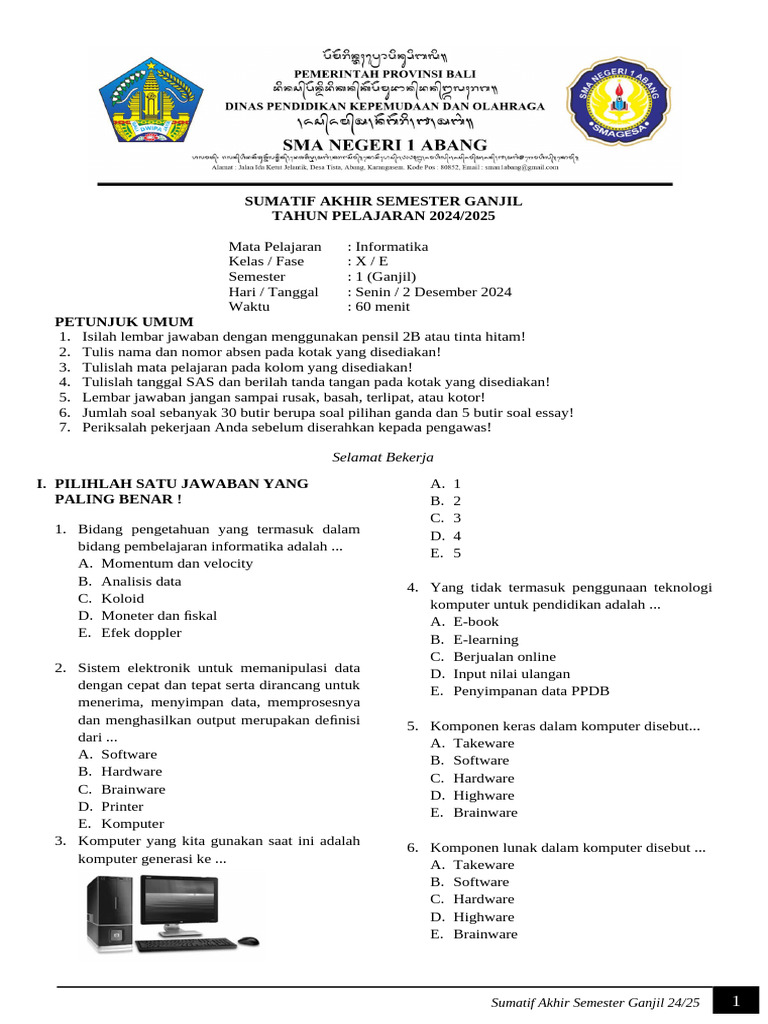 Fix Soal Sas Informatika Kelas X Ganjil 2024-2025 | PDF