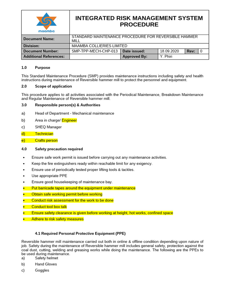 Smp-Tpp-Mech-Chp-013 SMP For Reversible Hammer Mill | PDF | Mill ...