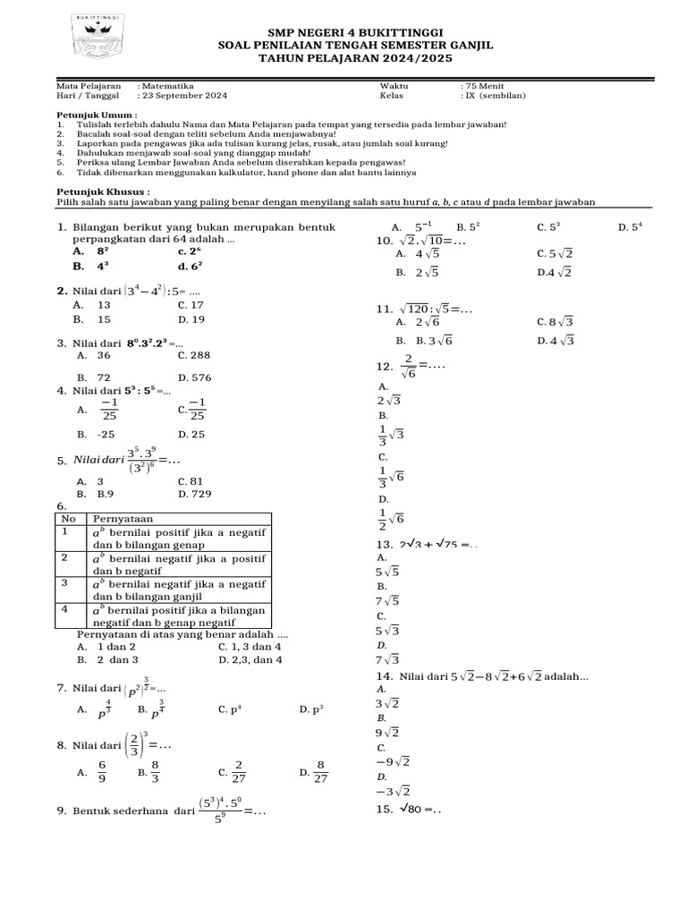 SOAL MID 9 SEM 1 2024-2025(erna) | PDF