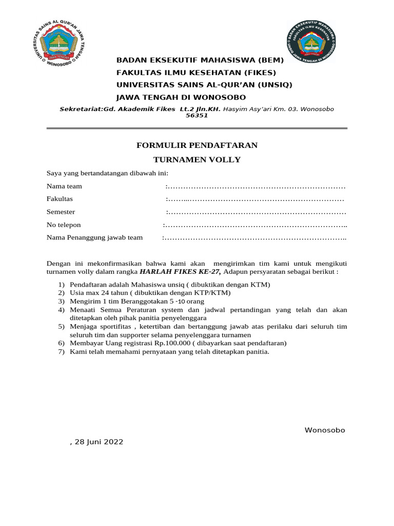 formulir pendaftaran volly | PDF
