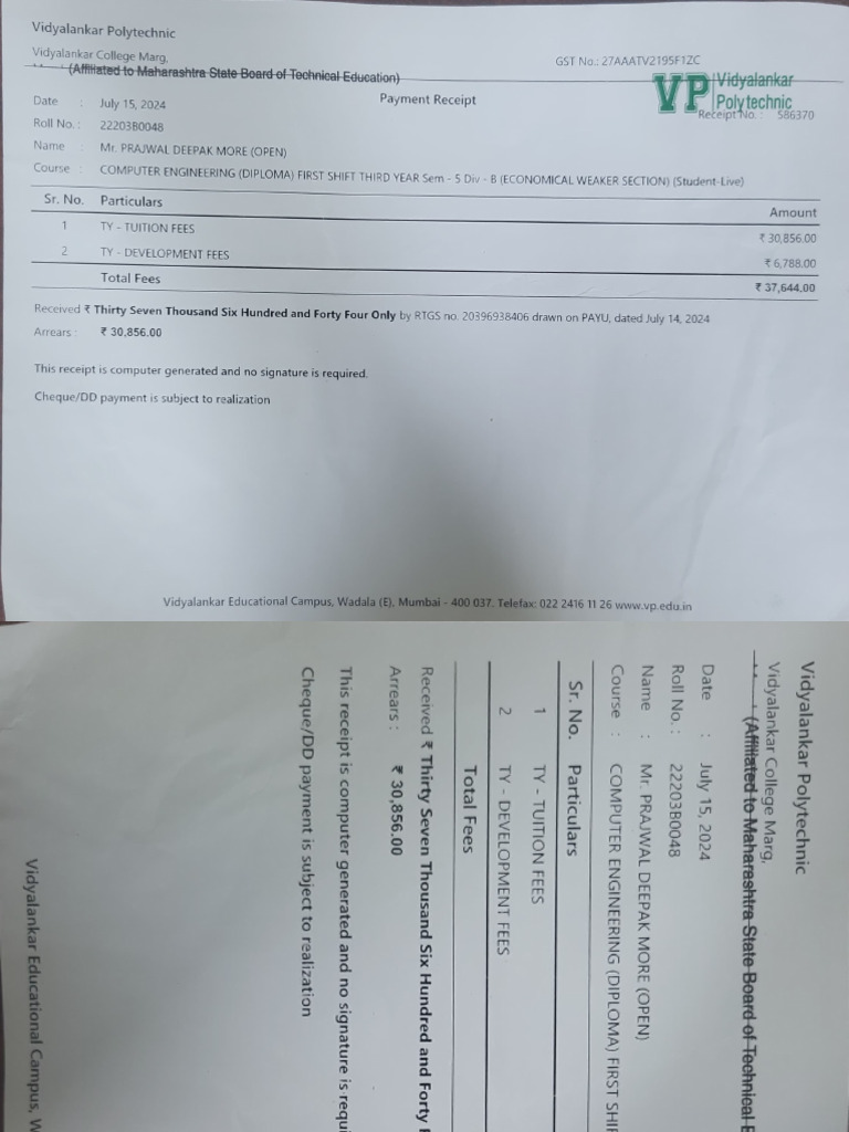 Fees Receipt 3 Year | PDF