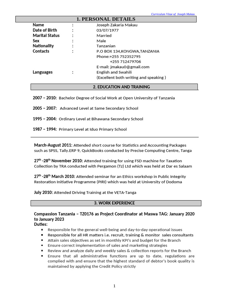 Joseph Makau's CV and Education History | PDF | Teachers | Tanzania