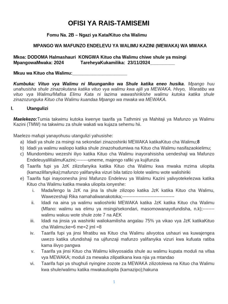 Fomu Na. 2B Mpango Wa MEWAKA Wa Ngazi Ya Kituo Cha Walimu | PDF