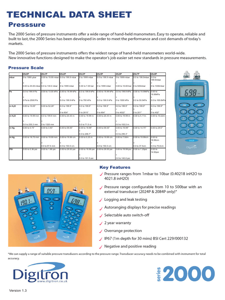 DIGITRON 2000 Series - Datasheet | PDF | Pascal (Unit) | Pressure