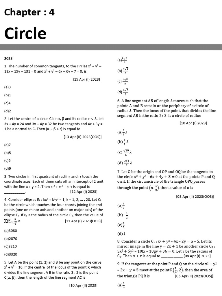 circles pyq's sheet | PDF | Circle | Mathematics