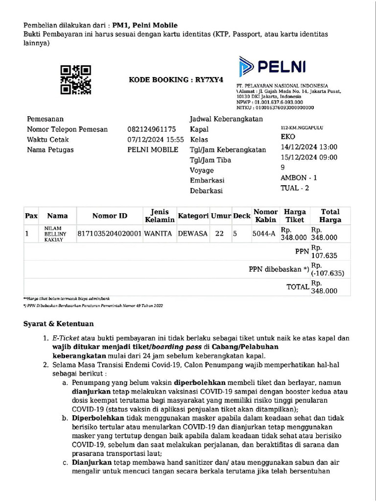 E-Tiket Pelni Ambon-Tual | PDF
