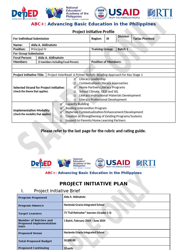 ILT Output 3 Project Initiative Plan SAMPLE ONLY | PDF | Educational Assessment | Literacy