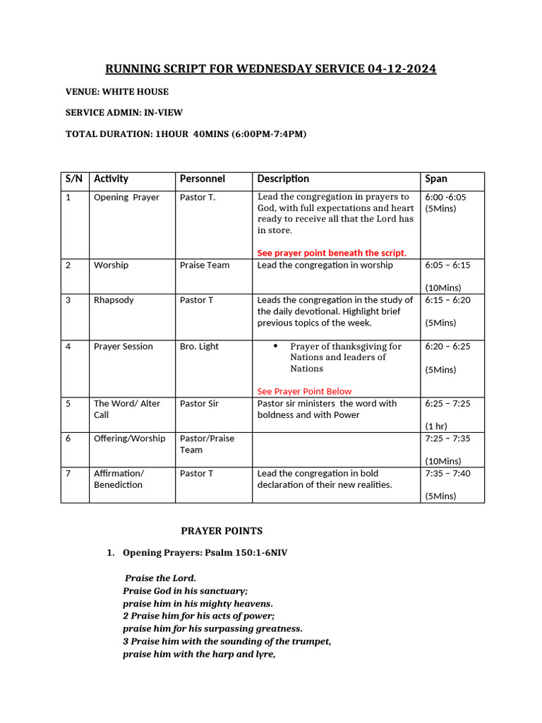 Mid-Week Service Outline | PDF | Prayer | God