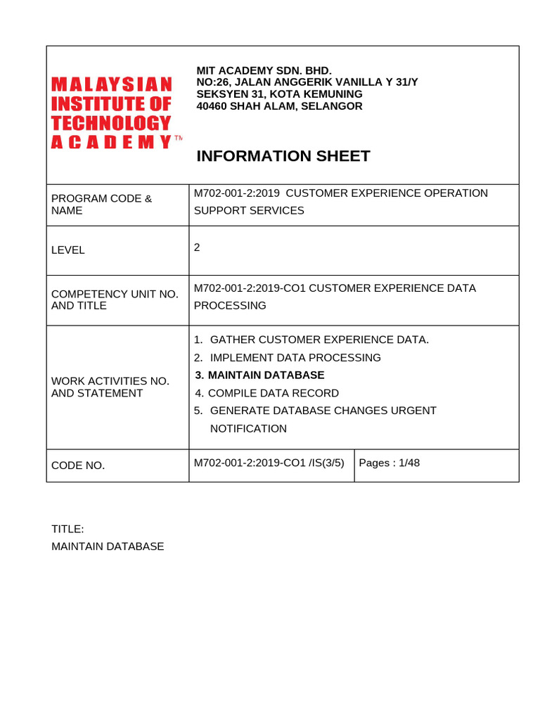Information Sheet 3_Maintain database | PDF | Databases | Data