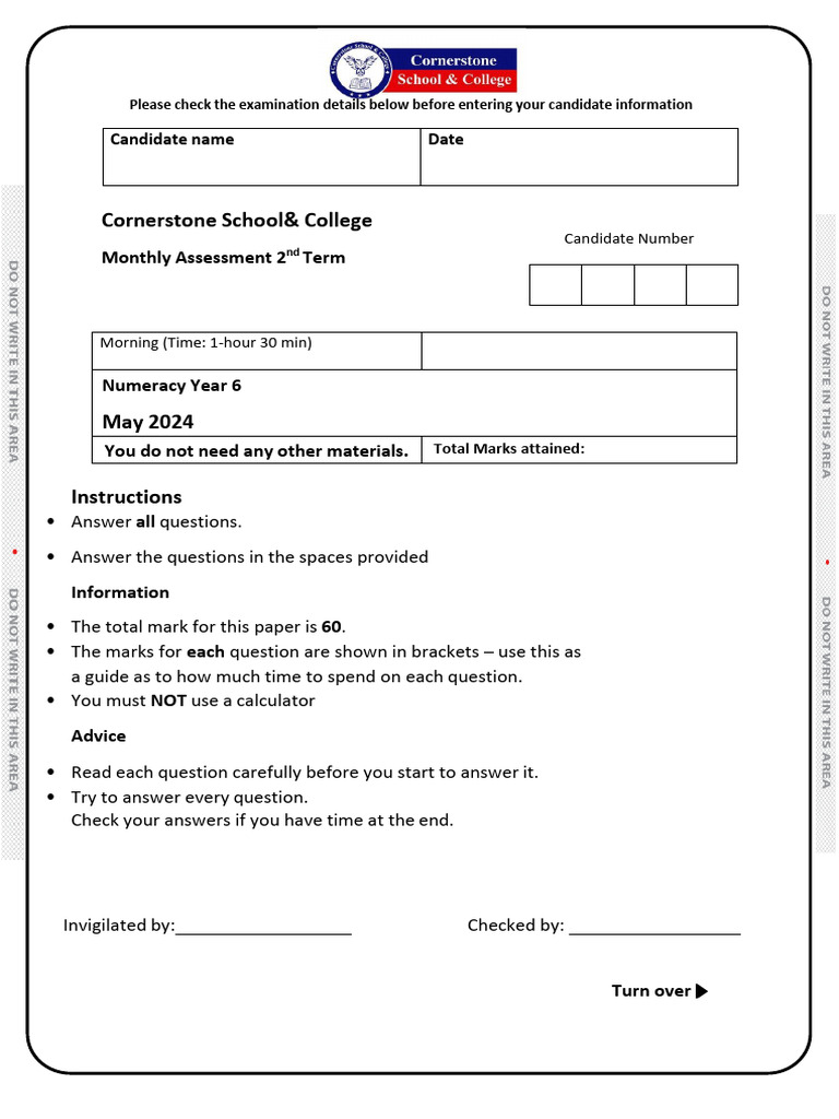 Grade 6 Numeracy Paper Final Term May, 2024 | PDF | Area | Angle