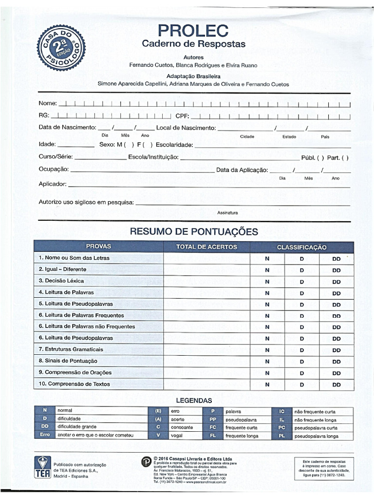 Folha de Resposta Do PROLEC | PDF