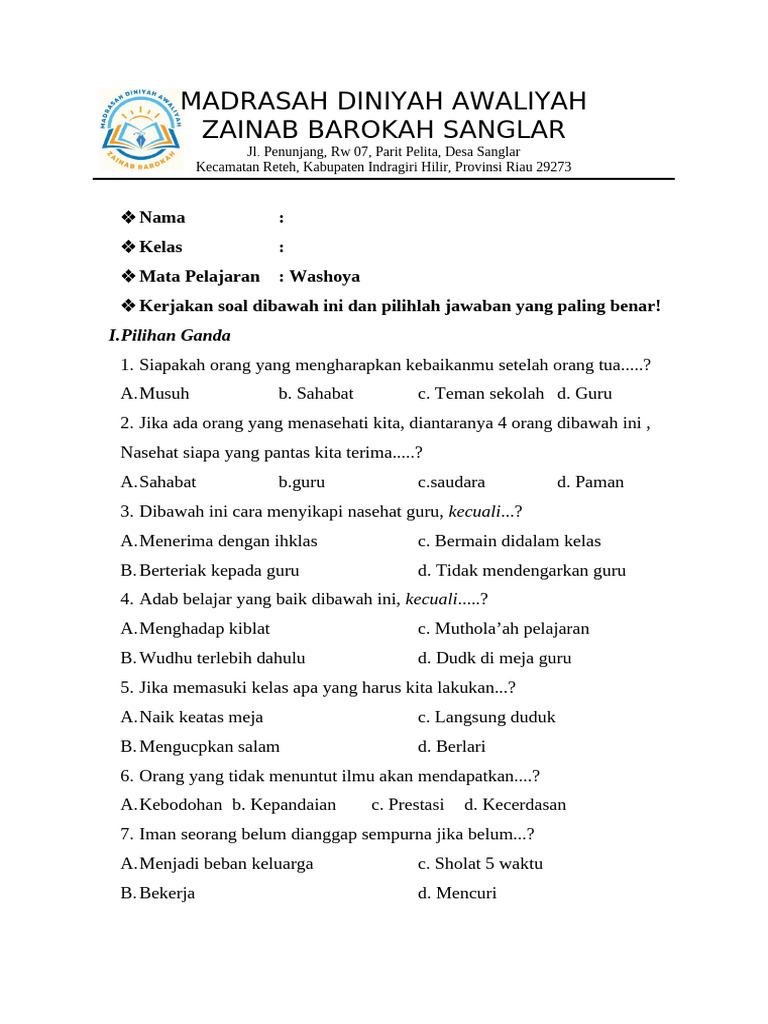 Soal Ujian Washoya Mda Zainab Barokah Semester Ganjil 2024 | PDF