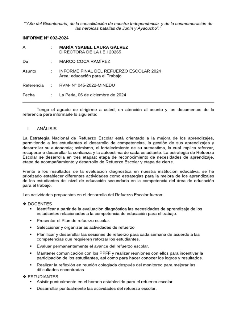 Informe de Refuerzo Escolar Ept | PDF | Aprendizaje | Evaluación