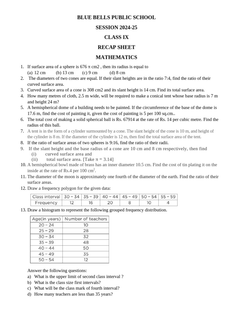 Recap Sheet Class IX UT 2 Mathematics | PDF | Sphere | Area